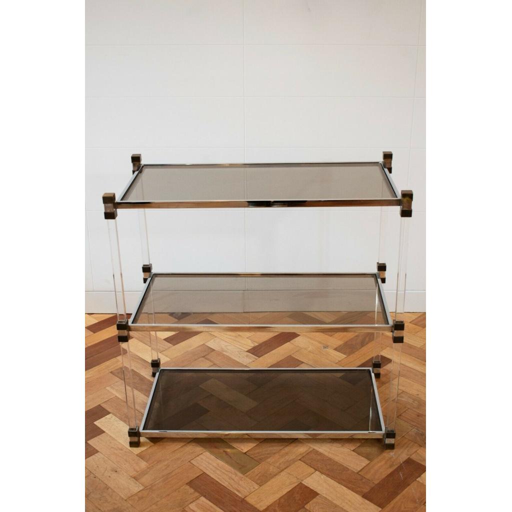 1970s French Perspex, Brass and Glass Three Tier Shelving Unit by Etagere